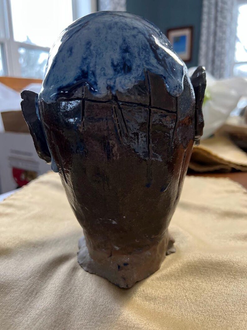 Alien Clay Head Art With Yellow Eyes, Pointy Ears. Ceramic, Blue Bust ...