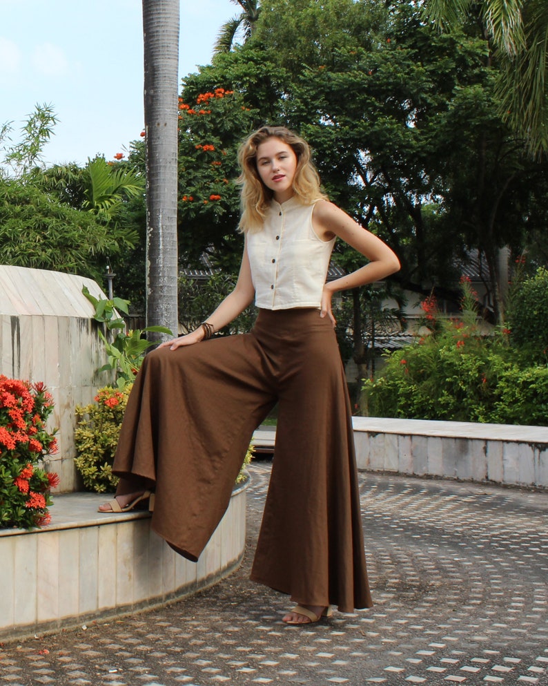 Women Wide Leg Organic Cotton Palazzo Pants In Brown Fair Etsy