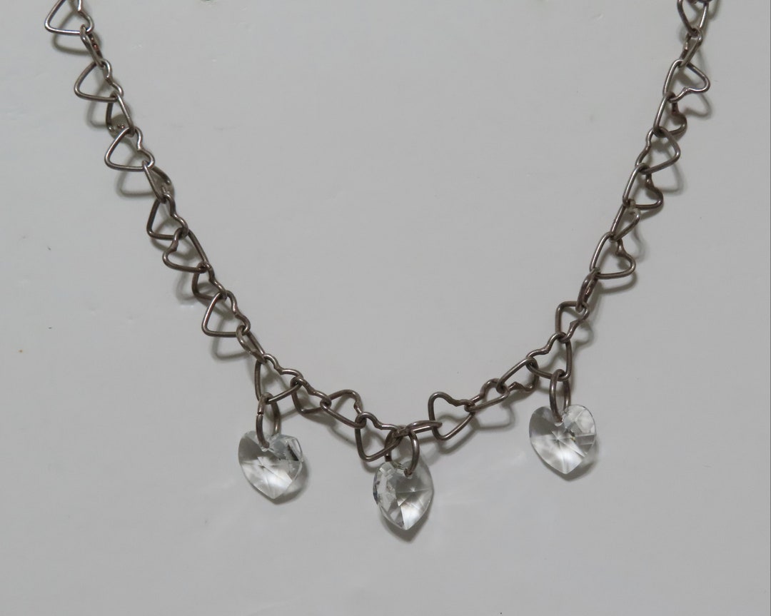 Sterling Silver Heart Links Chain With Crystal Heart Charms Necklace ...