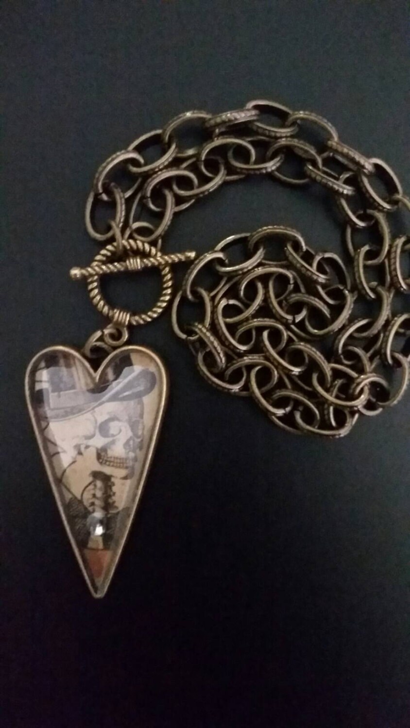 Mr. Skully Heart Bezel Necklace: Antique Brass Heart Bezel With Chunky ...
