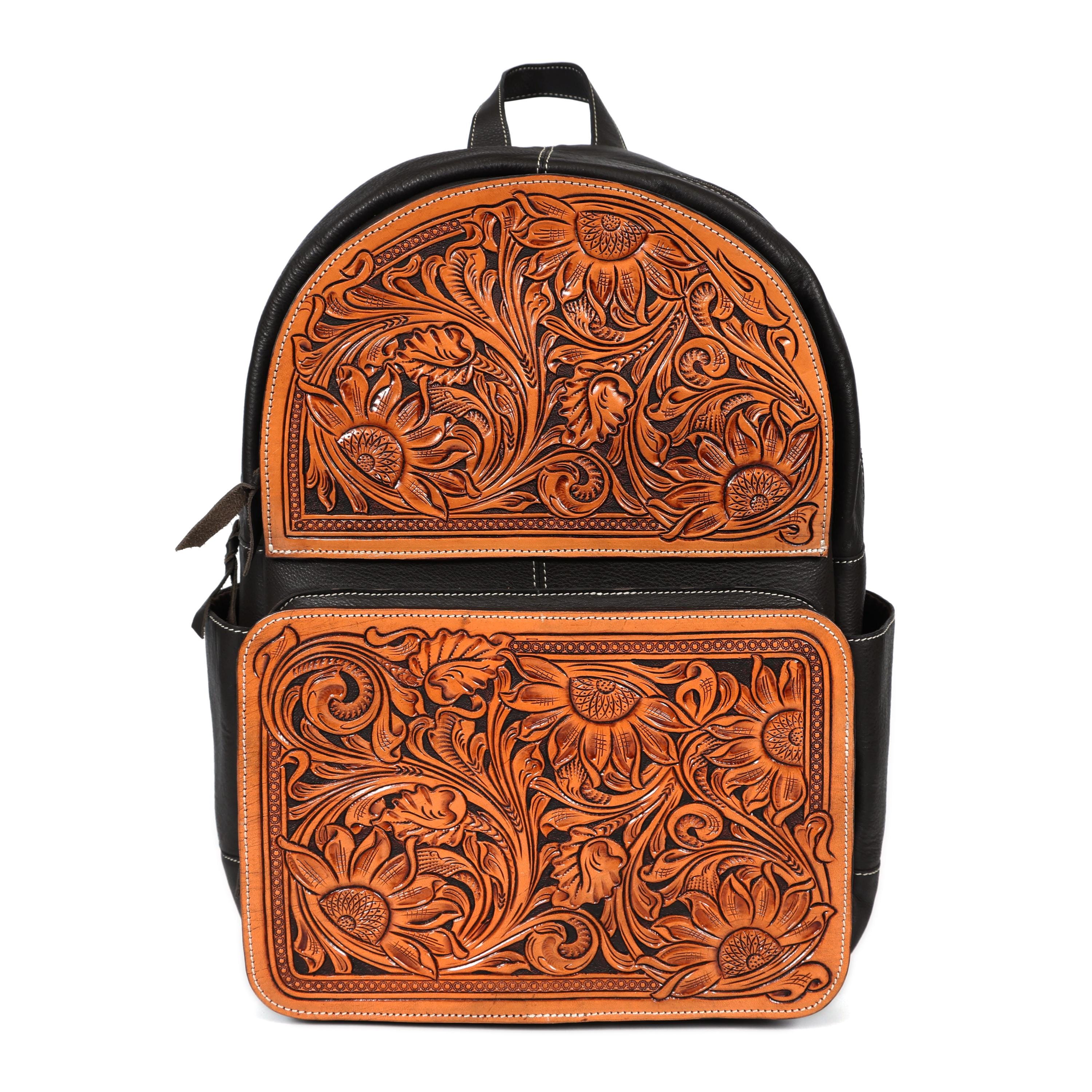 Western Tooled Leather Backpack, Hand-carved Floral Travel Bag, Leather ...