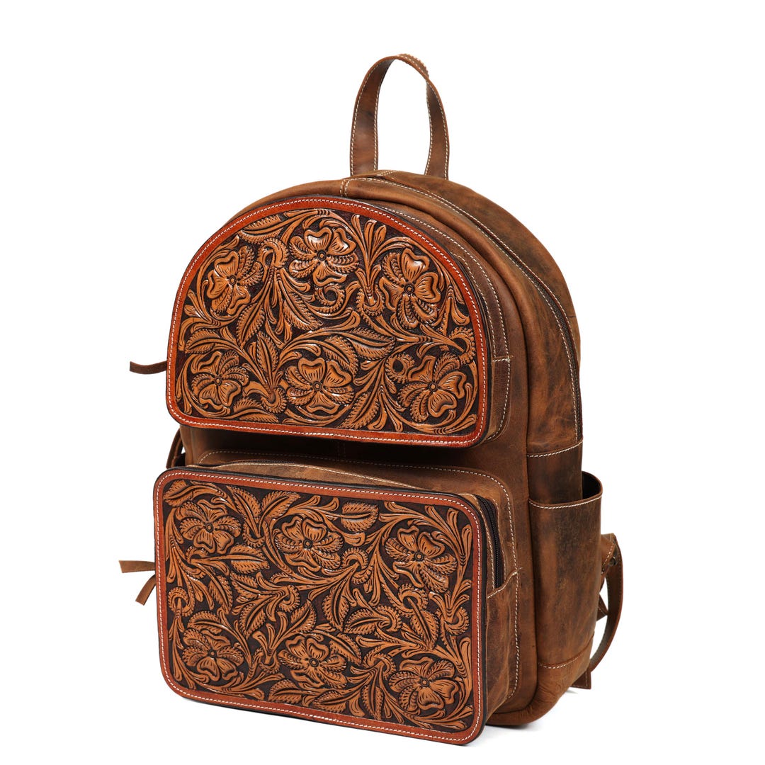 Western Hand Tooled Leather Backpack Bag,brown Floral Embossed Cowhide ...