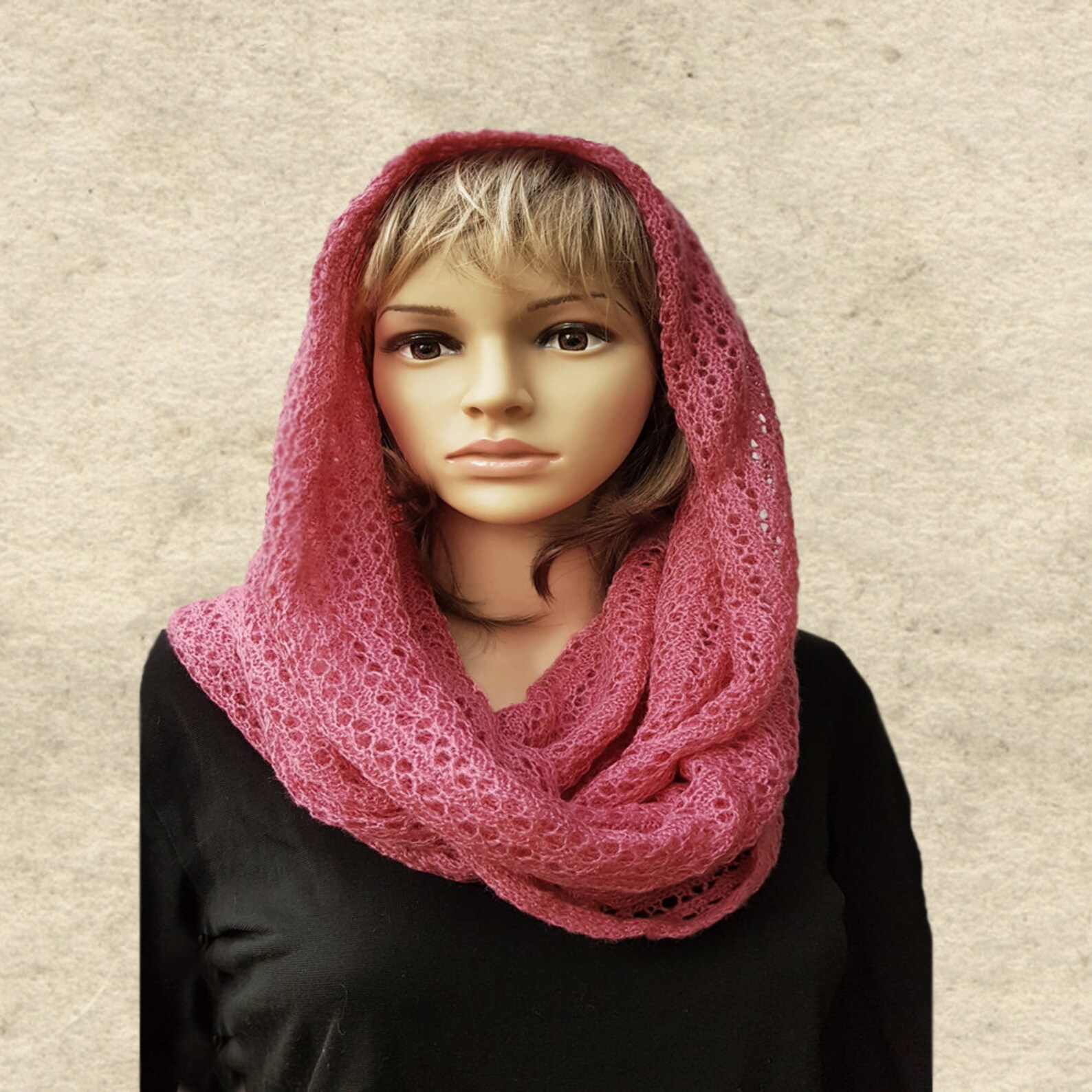 Warm Infinity Scarf, Winter Knit Cowl, Knitted Circle Scarf, Pink Loop ...
