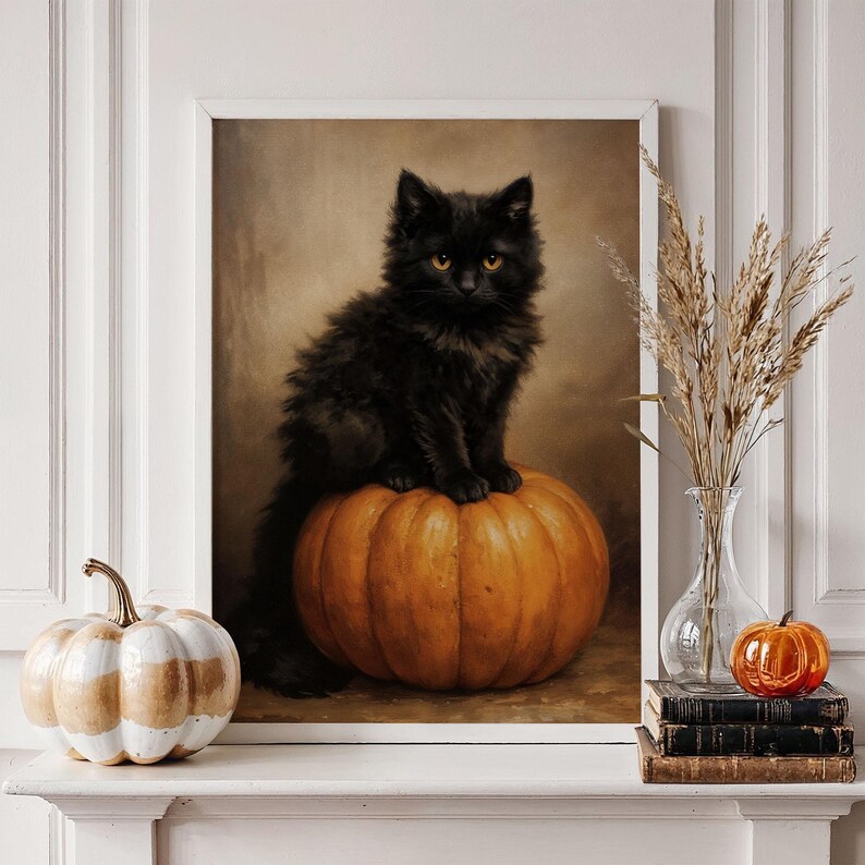 Black Cat on Pumpkin Halloween Wall Art Fall Cute Kitten Print Vintage ...