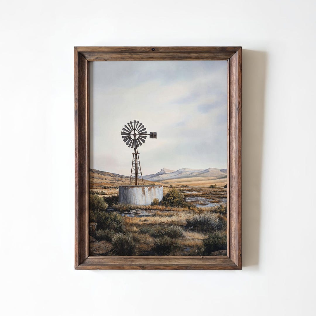 Farmhouse Windmill Print: Neutral Countryside Landscape (digital ...