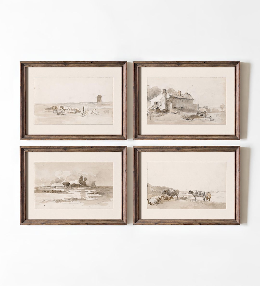 Set of 4 Neutral Art Prints Rustic Farmhouse Sketches Pastoral ...