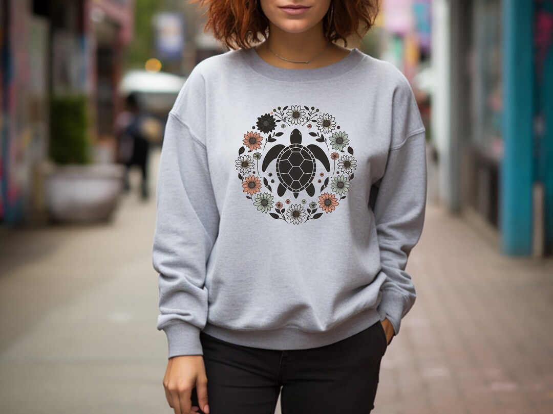 Turtle Sweater. Turtle Gift. Floral Sweater. Flower Crewneck. Turtle ...