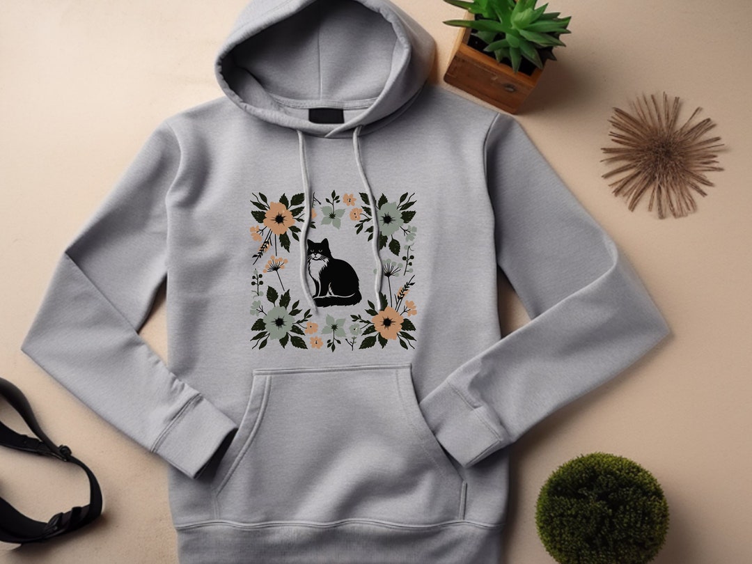 Cat Hoodie. Cat Lover Gift. Floral Hoodie. Flower Hoodie. Cat ...