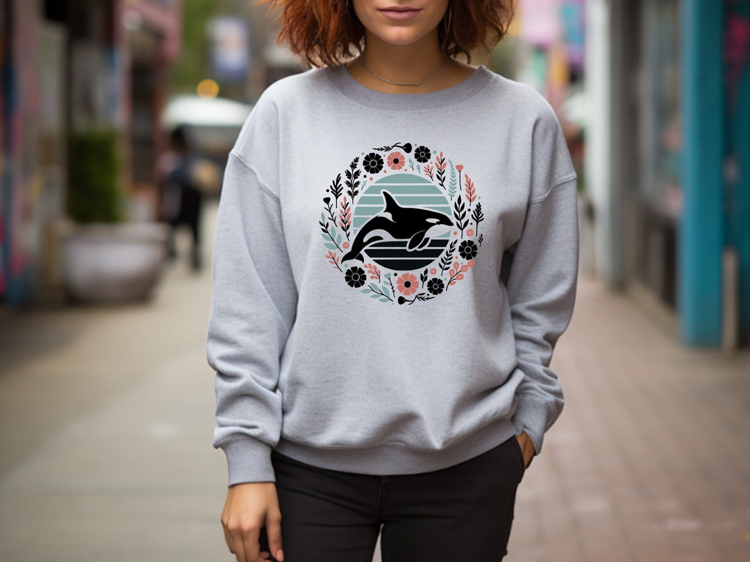 Orca Sweater. Orca Whale Gift. Floral Sweater. Flower Crewneck. Killer ...