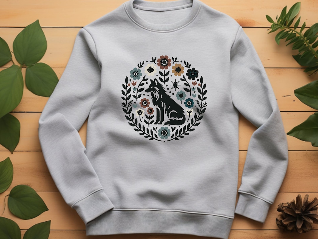 Wolf Sweater. Wolf Gift. Floral Sweater. Flower Sweater. Wolf Crewneck ...