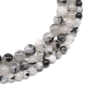 Black Rutilated Quartz, Natural 6mm 8mm 10mm Round Bead, Black Rutile Quartz Crystal Semi ...