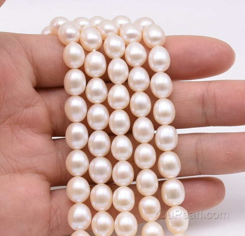 AA White Rice Pearl, 7-8mm Genuine Freshwater Oval Pearls, High Quality ...