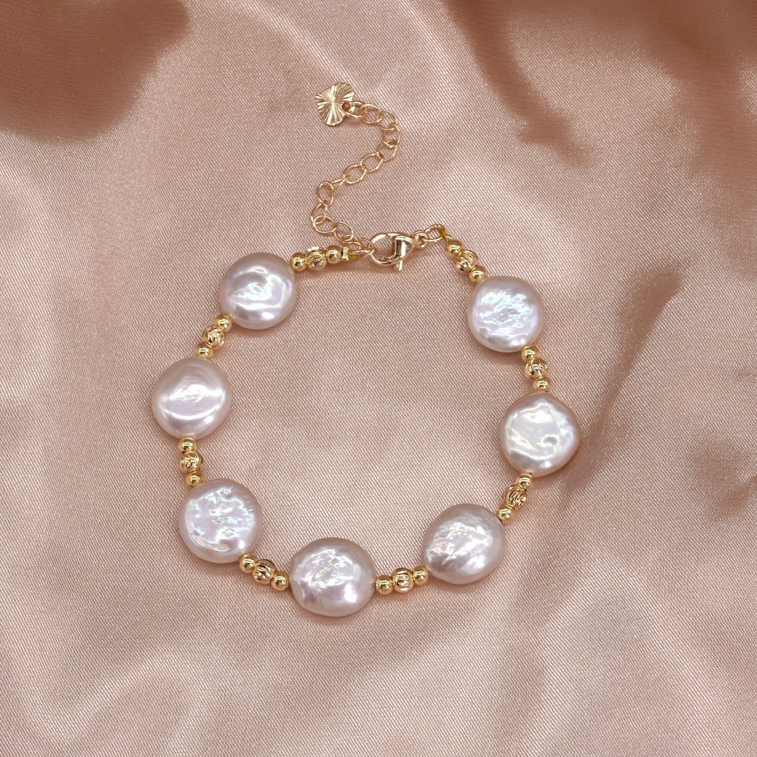 Real Coin Pearl Bracelet, Genuine Pearl Beaded Bracelet, Freshwater ...