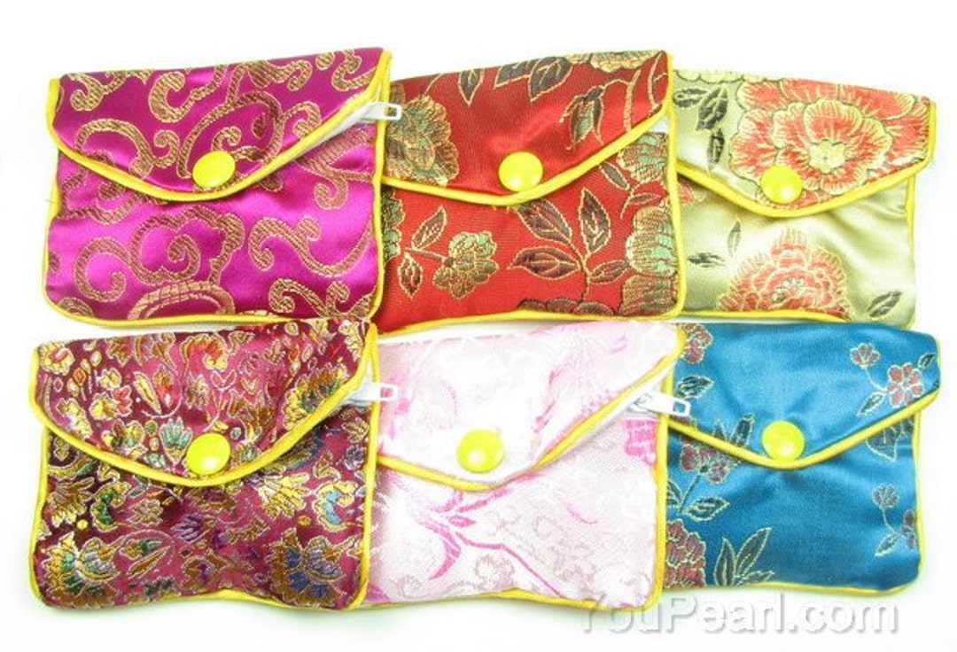 Satin Gift Pouch, Mix Color Zip Gift Bag, Handmade Patterns Silk ...