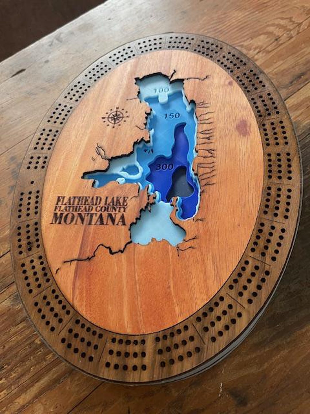Cribbage Board With Beautiful Lake Inset, Wooden Cribbage Board With ...