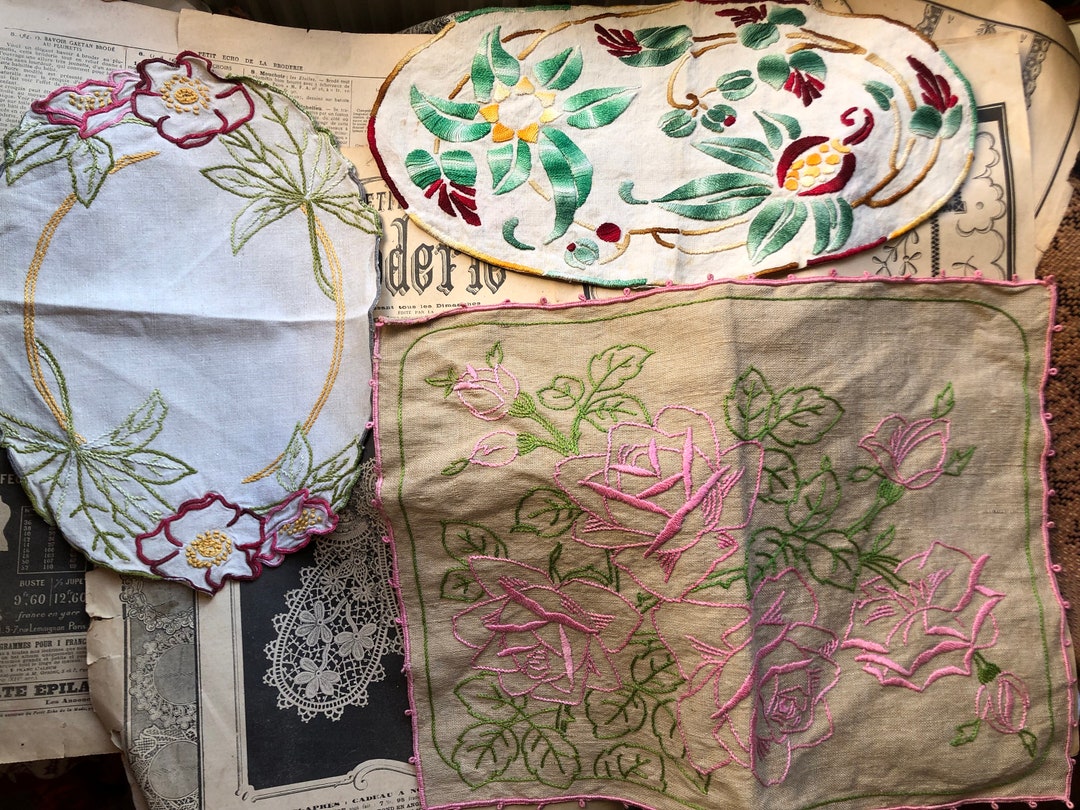Antique French 3 Pretty Hand Embroidered on Linen Tea Tray Cloths ...