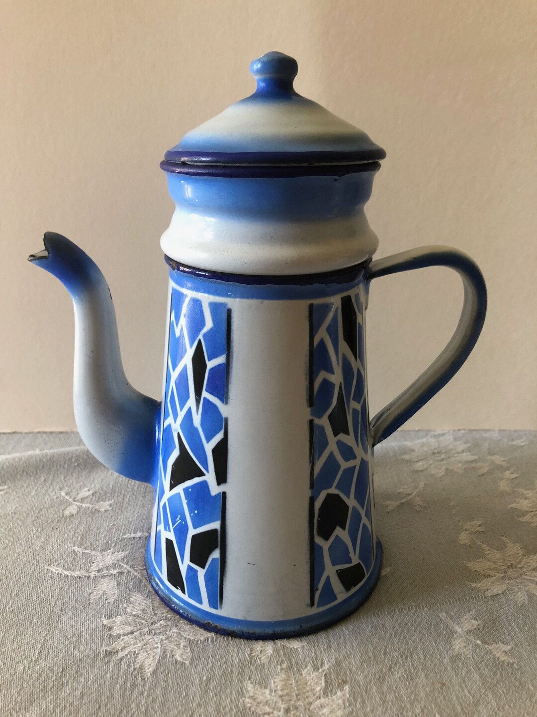 Vintage French Petite Art Deco Blue White Enamel Coffee Biggin Pot ...