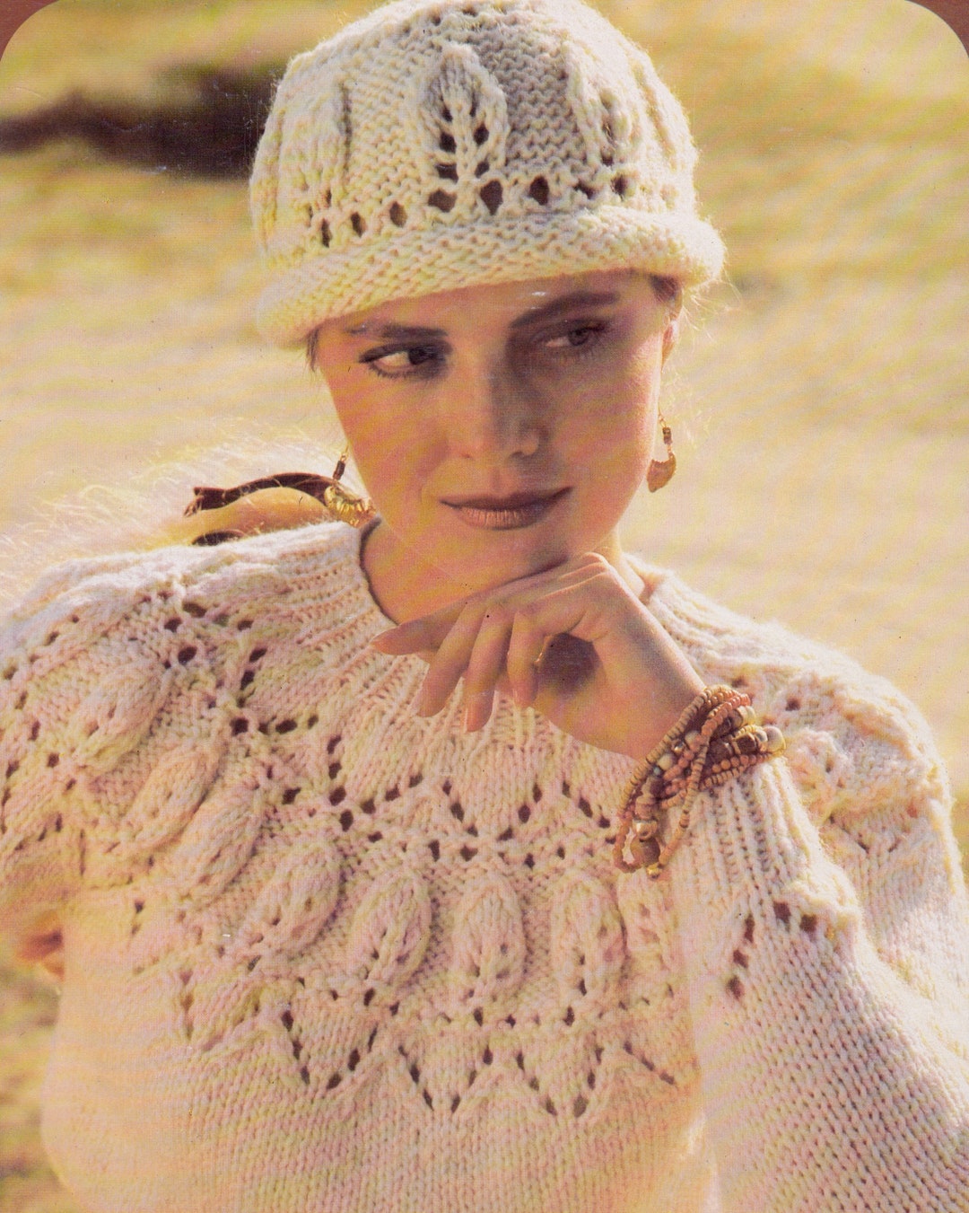 Women's Circular Yoke Sweater + Hat With Leaf/lace Patterning. 32-40 ...