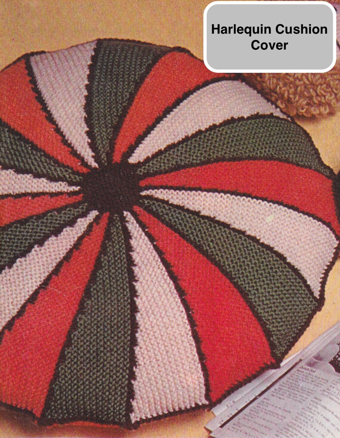 Round Cushion Cover in to Knit in Garter Stitch. Harlequin Vintage ...