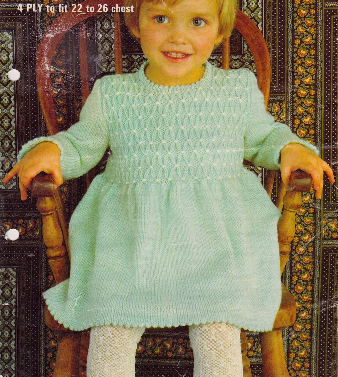 Girl's Pretty Dress With a Smocked Bodice to Knit. 4ply, 22 - 26 Inch ...