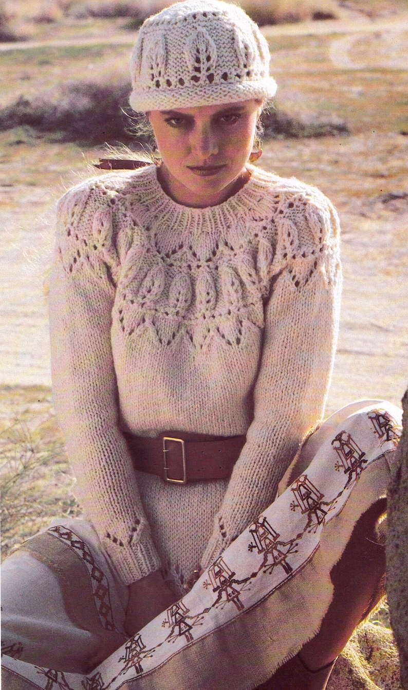 Women's Circular Yoke Sweater + Hat With Leaf/lace Patterning. 32-40 ...