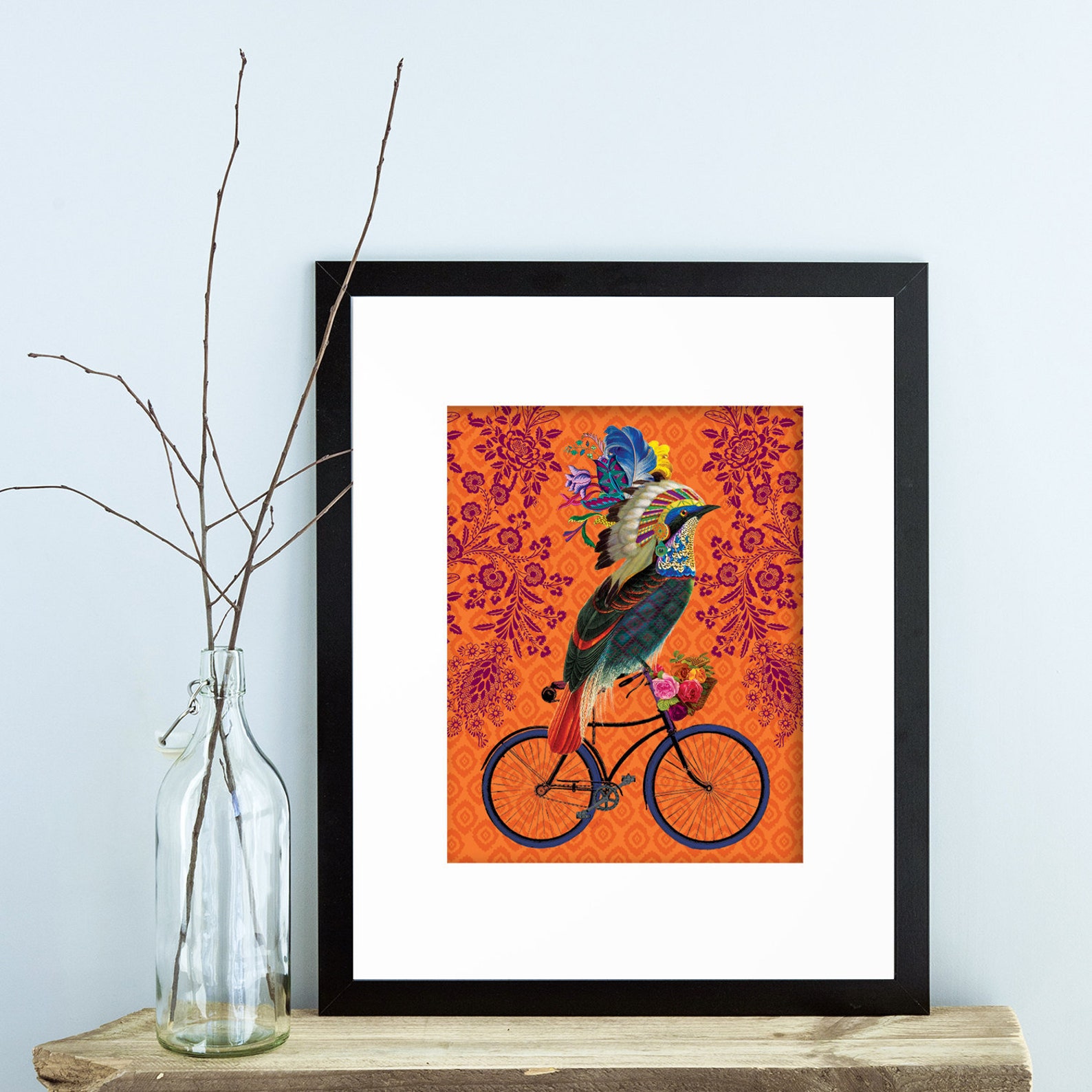 Bird on Bike Bird Wall Art Bicycle Print Bird Print Orange | Etsy