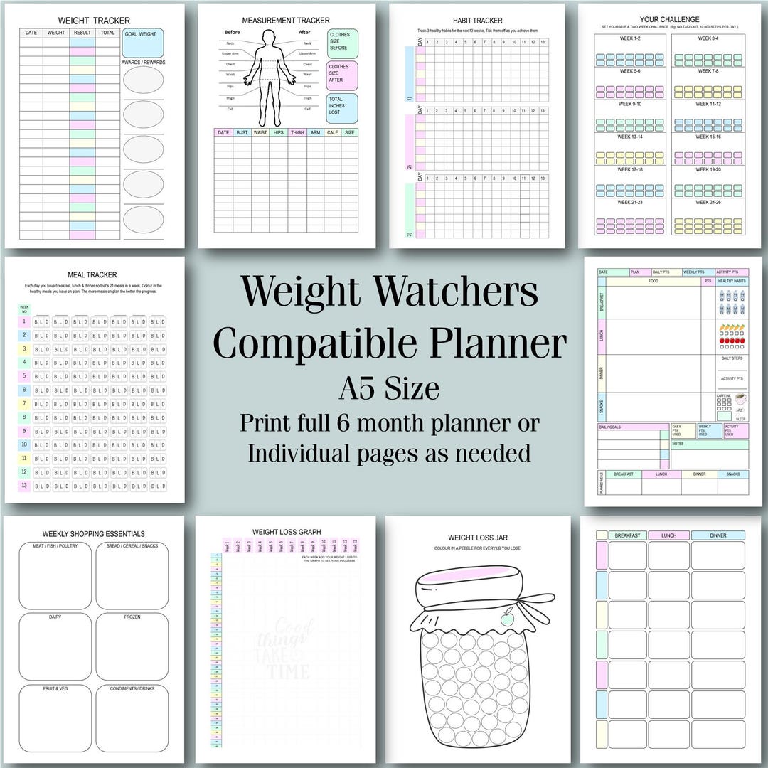 Printable Planner - A5 Size, Weight Watchers Food Diary Tracker ...