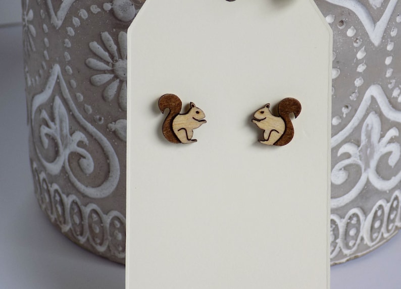 Squirrel Wood Stud Earrings, Laser Cut Jewelry, Laser Cut Earrings, Woodland Animal Earrings ...