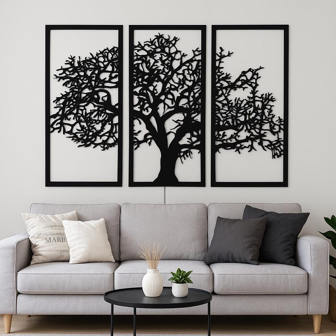 Laser Cut Tree Wall Art – 3 Panel MDF Wall Decor | Nature Silhouette ...