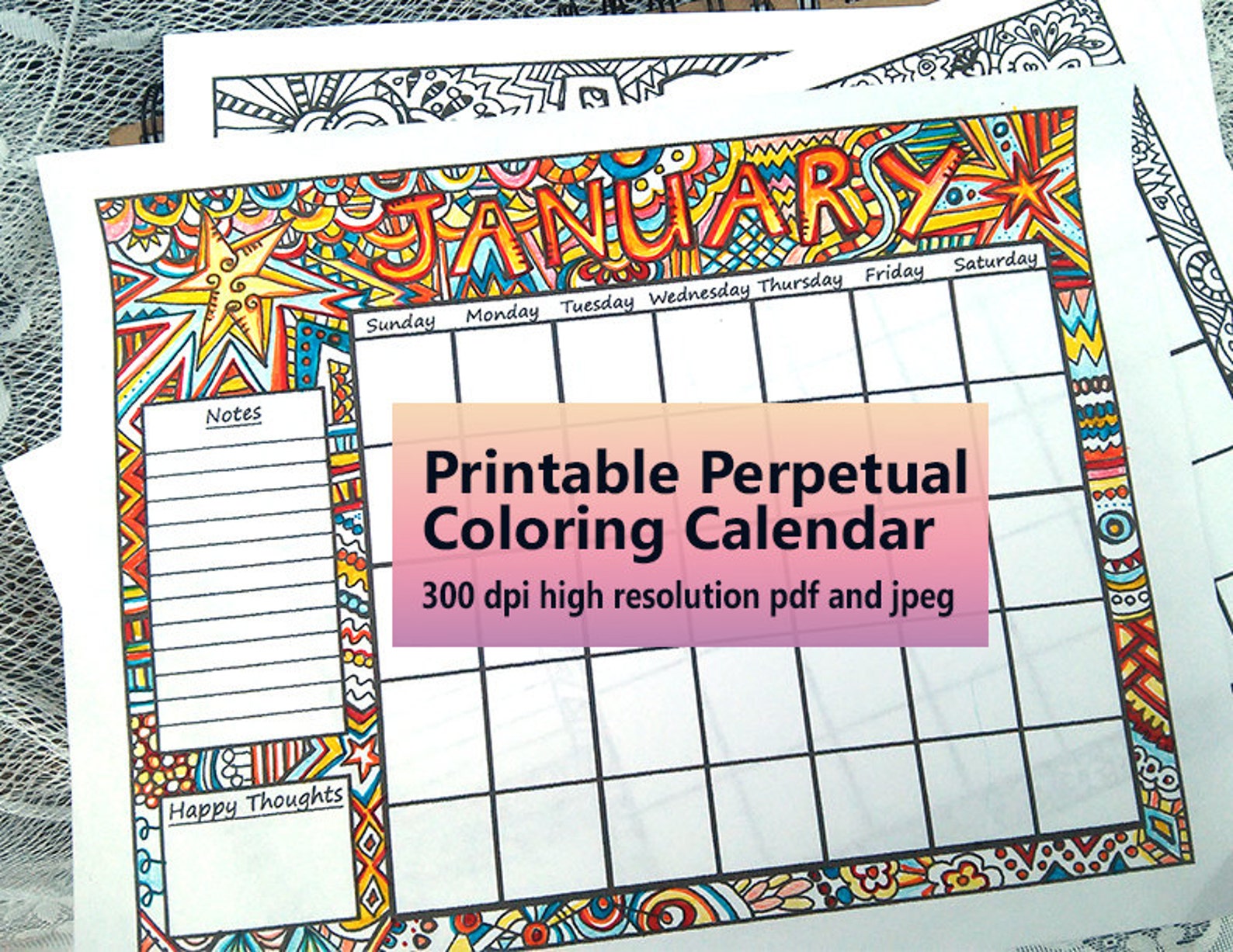 Printable Coloring Calendar perpetual 12 months jpeg pdf | Etsy