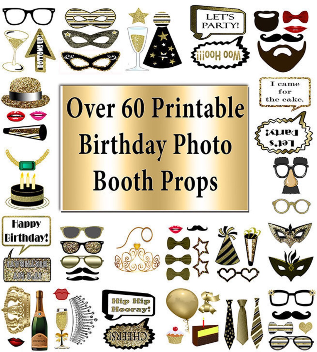 Birthday Photo Booth Props Black Gold 60 Adult Classy Glitter Printable ...