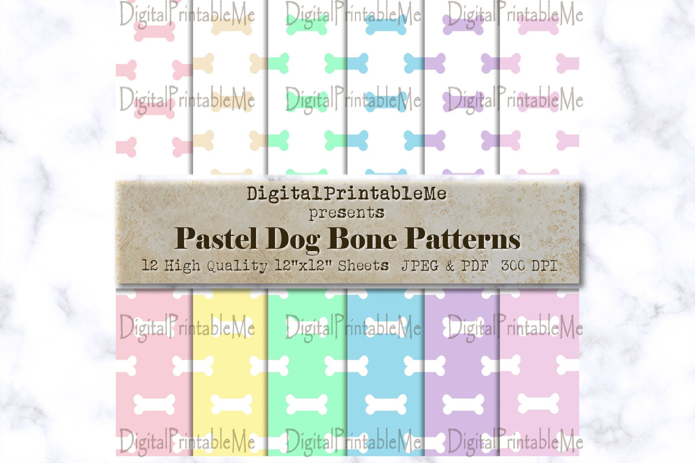 Dog Bone print Mix Pastel rainbow white Digital Paper Pack | Etsy