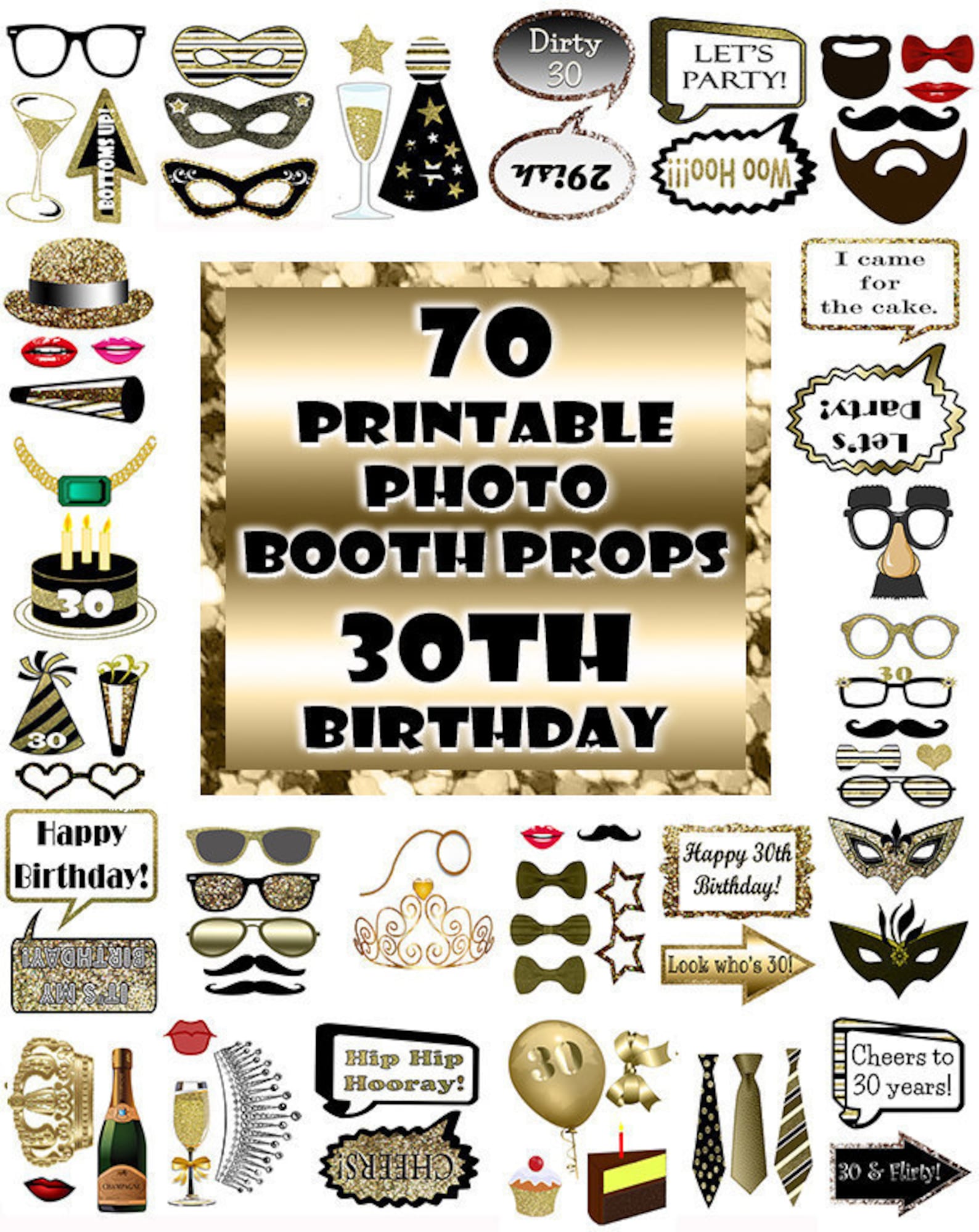 30th Birthday Photo Booth Props 30 years Black Gold 70 Adult | Etsy