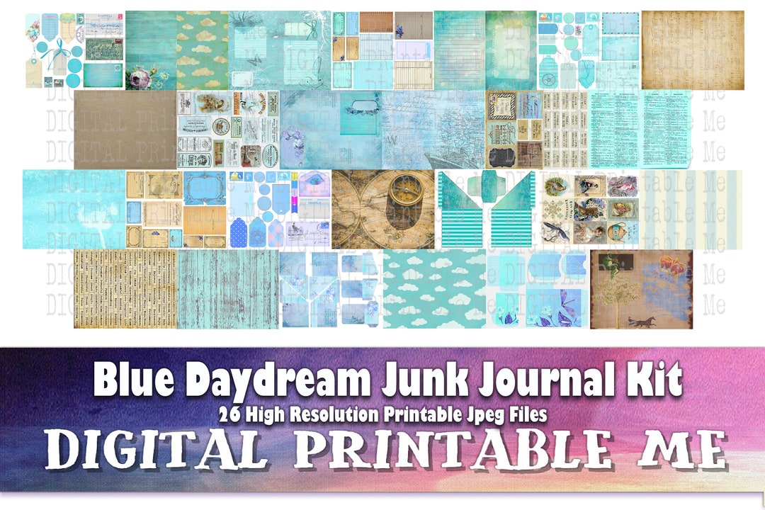 Blue Junk Journal Kit, DIY Scrapbook Ephemera, 26 Page Pack Tags ...
