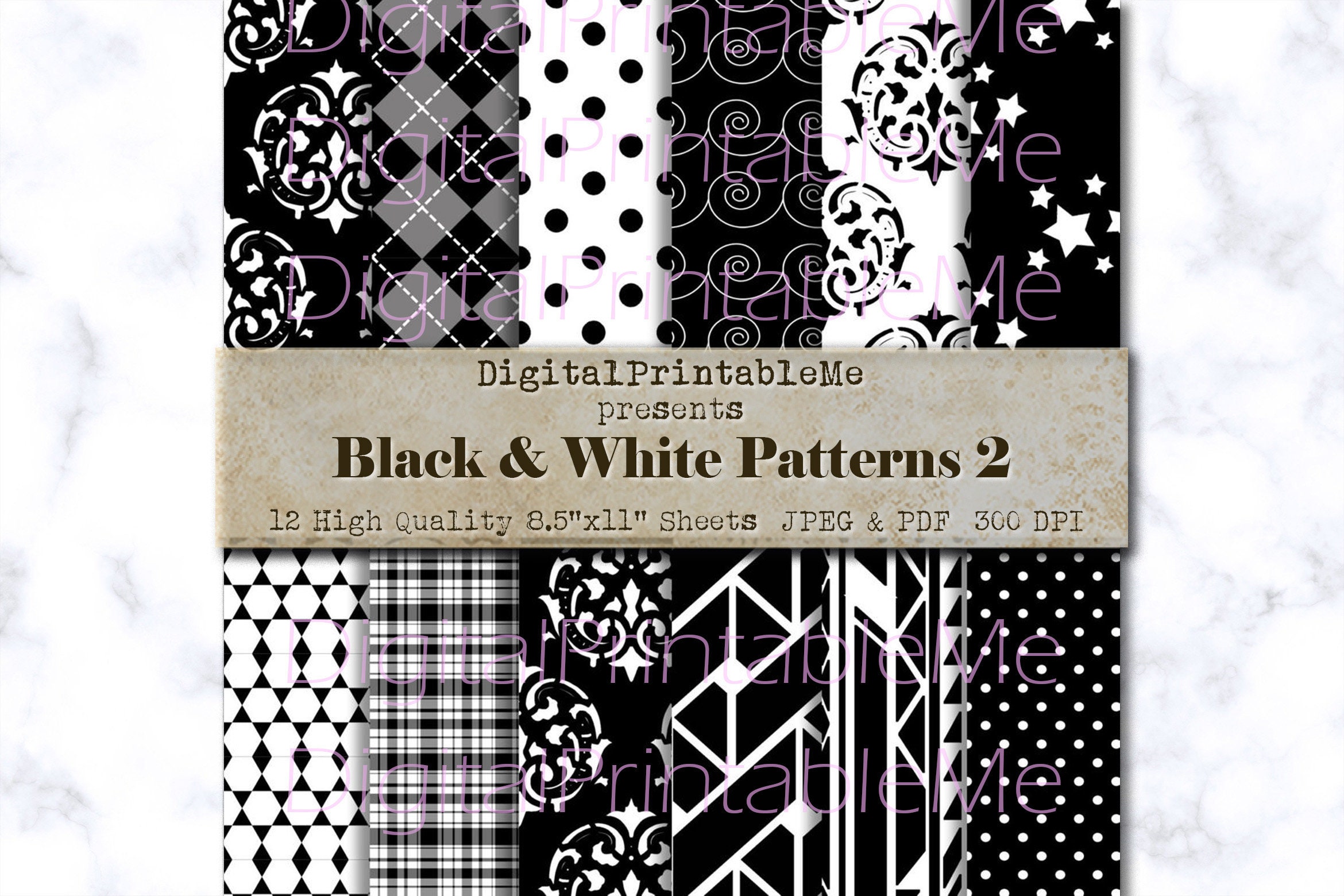 Black & White Digital Paper Boho Patterns 2 Scrapbook pack | Etsy