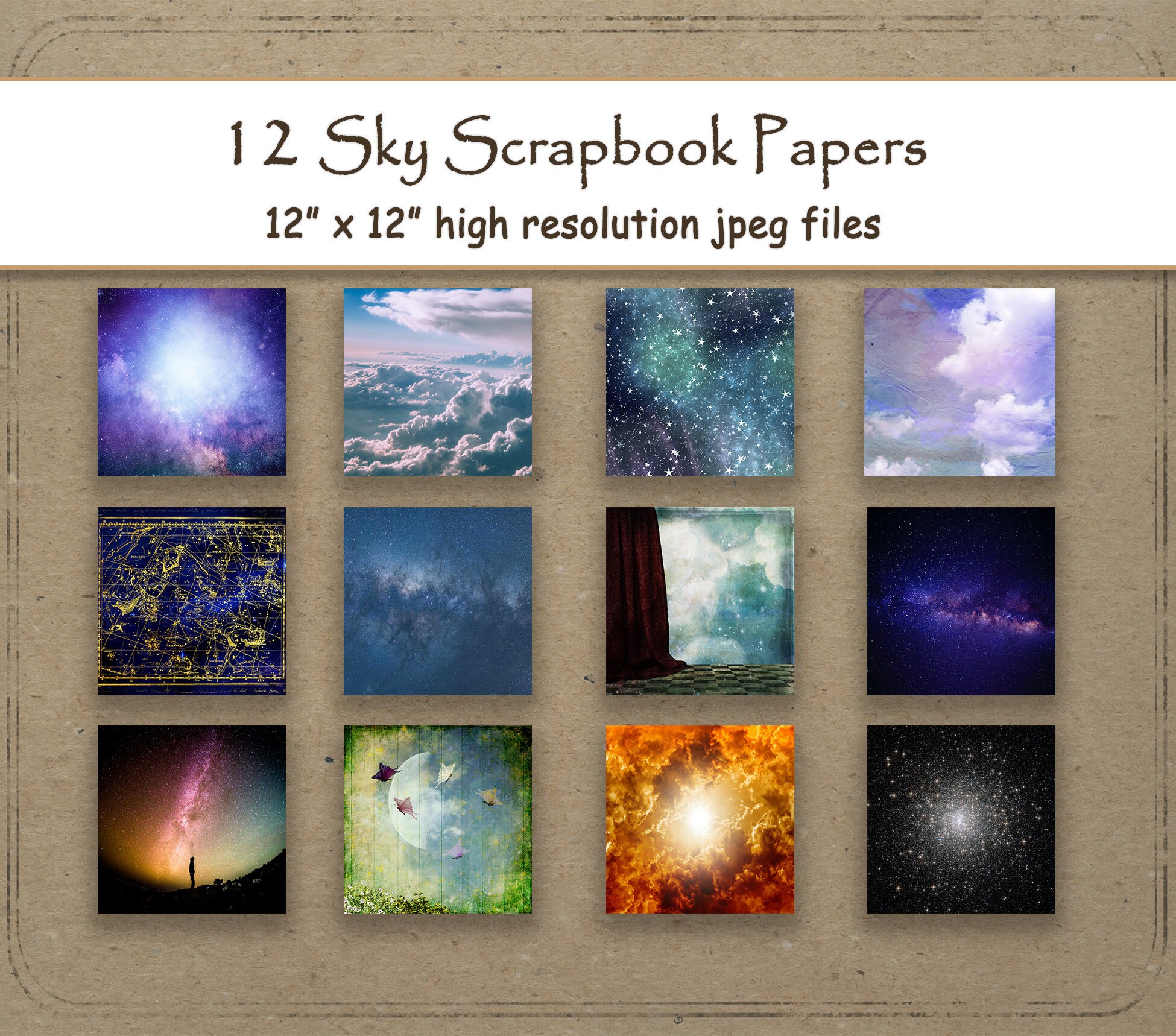 Sky Digital Paper Patterns Sun Clouds Stars Space Scrapbook | Etsy