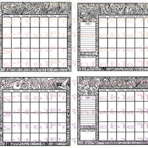 Printable Coloring Calendar, Perpetual, 12 Months, Jpeg, Pdf, Instant ...
