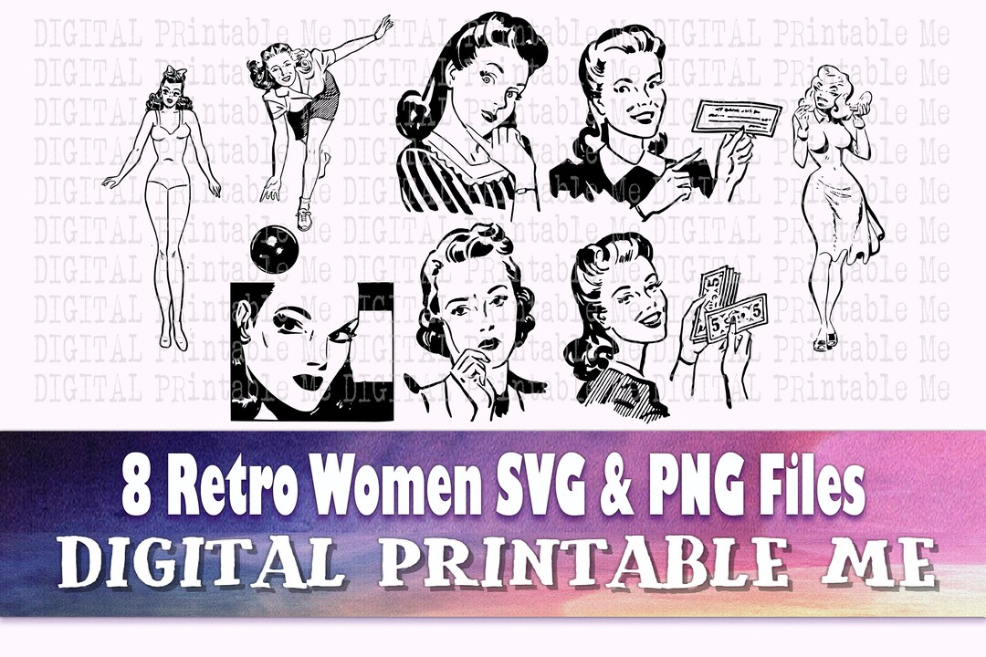 Vintage Woman Svg, Retro Pop Art Png Bundle, 8 Lady Illustrations, Clip ...