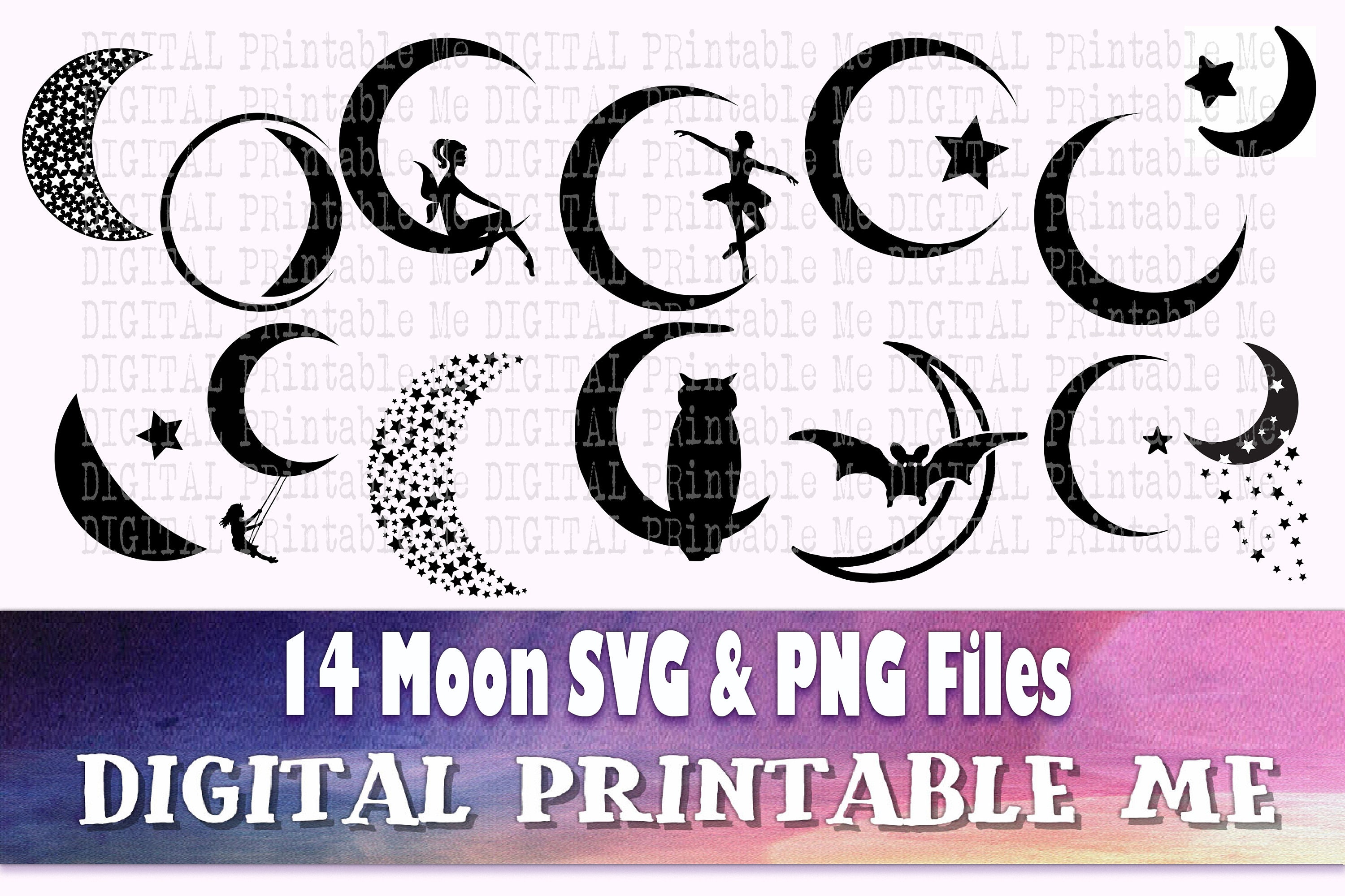 Moon Svg, Silhouette Bundle, PNG, Clip Art, 14 Digital, Crescent Moon ...