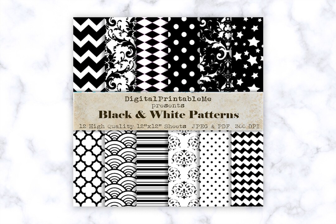 Black & White Digital Paper, Black Pattern, Scrapbook Pack, Patterned ...