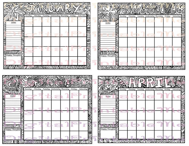 Printable Coloring Calendar perpetual 12 months jpeg pdf | Etsy