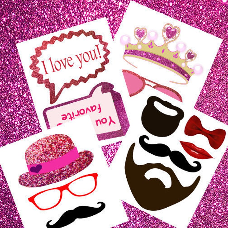Valentine's Day Photo Booth Props Set Glitter Printable Instant ...
