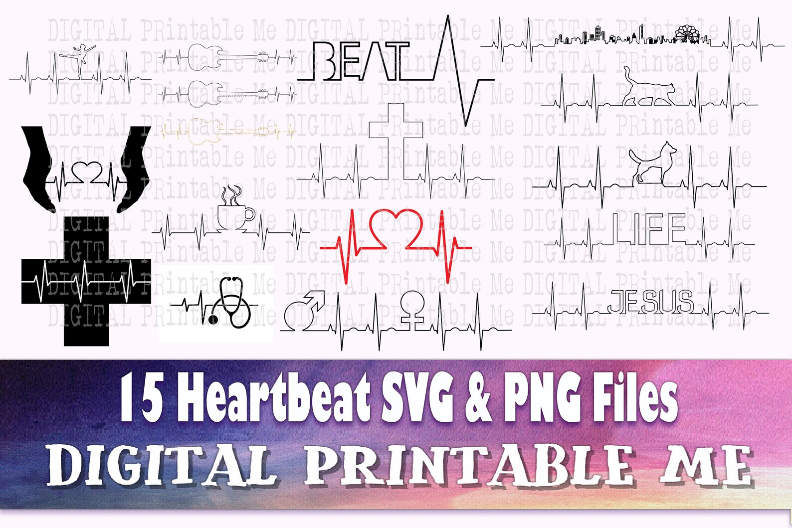 EKG Svg Heartbeat Silhouette Bundle Heart Beat PNG Clip | Etsy