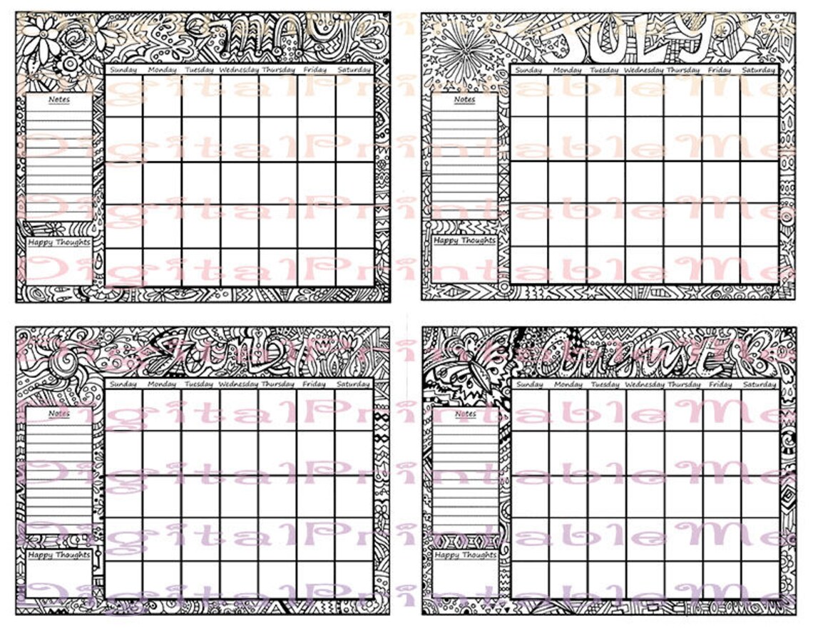 Printable Coloring Calendar perpetual 12 months jpeg pdf | Etsy