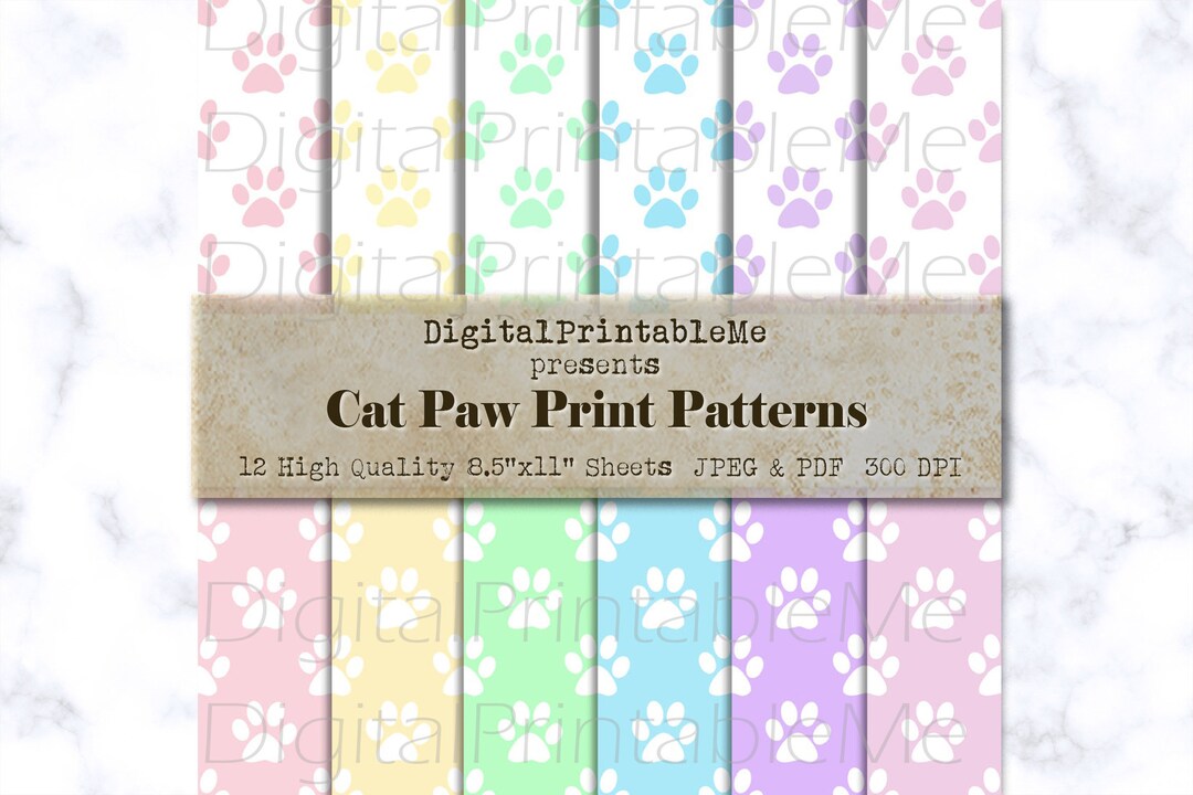 Cat Paw Digital Paper, Pastel Rainbow Print Mix White Pack, Mixed ...