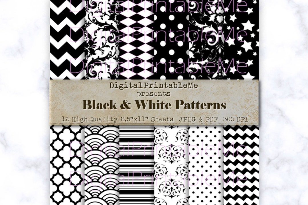 Black & White Digital Paper, Black Pattern, Scrapbook Pack, Patterned ...