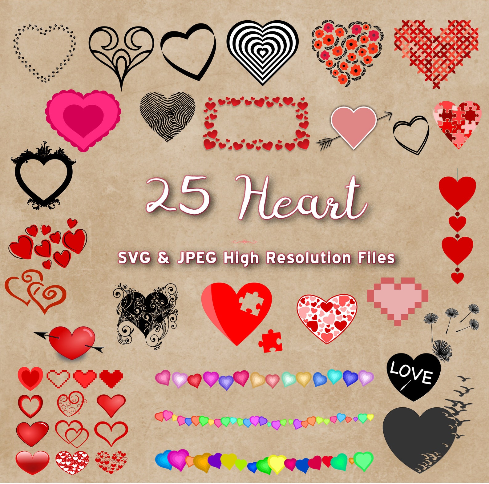 Heart Clip Art Set of 25 Hearts SVG JPG Images - Etsy