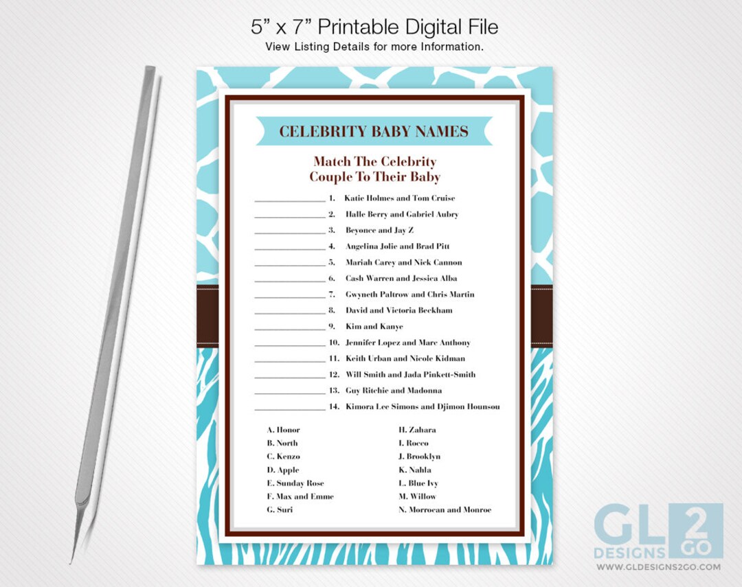 Celebrity Baby Names Game. Printable Blue, White and Brown Animal ...