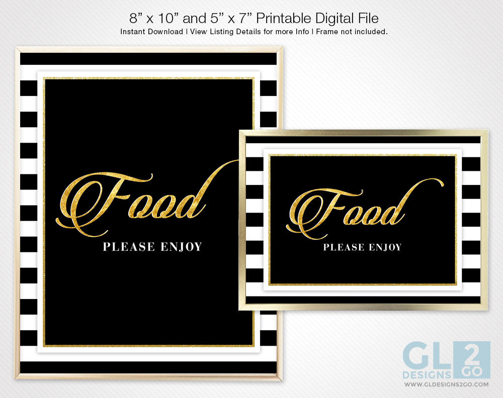 Black, White & Gold Food Table Sign. 8x10 5x7 Printable Stripe Bridal ...