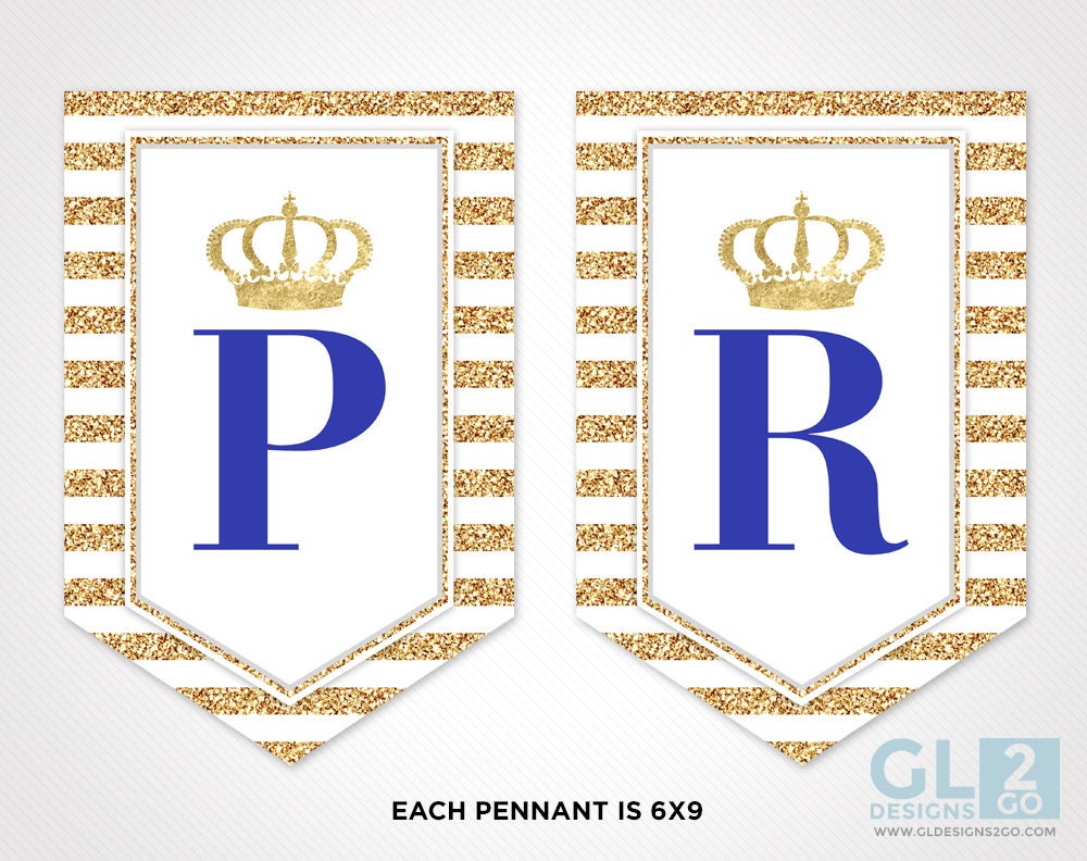 Prince Pennant Banner W/ Crown. White, Gold & Blue Boy Baby Shower ...